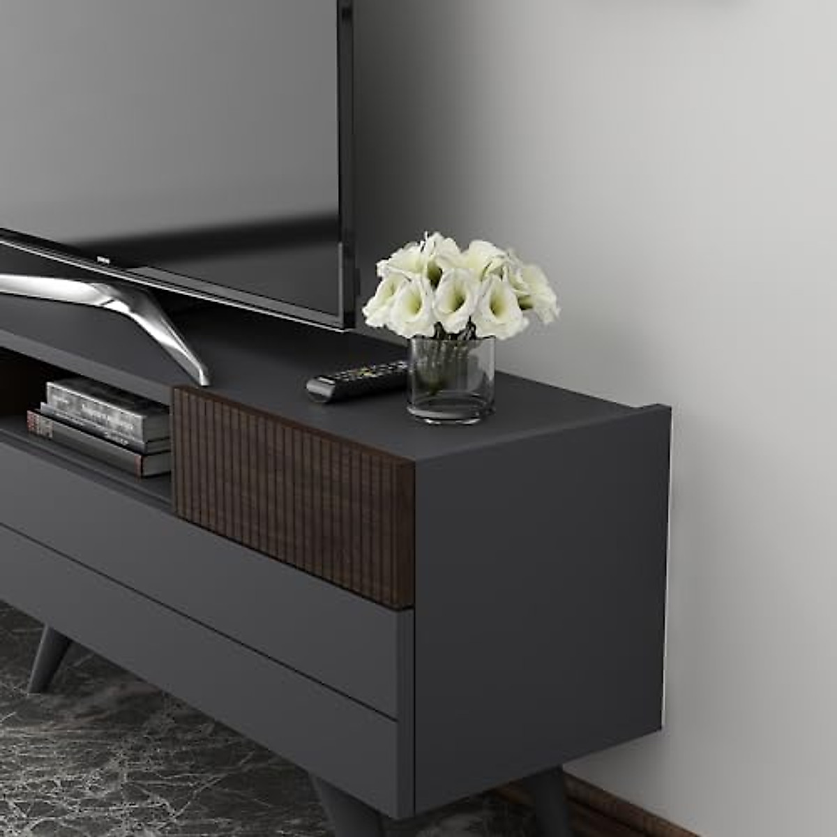 HOMIDEA Moon TV Stand -TV Lowboard – Wall Unit Set – TV Board – Cabinet with Two Doors and Wall Shelf in Modern Design (Anthracite/Walnut)