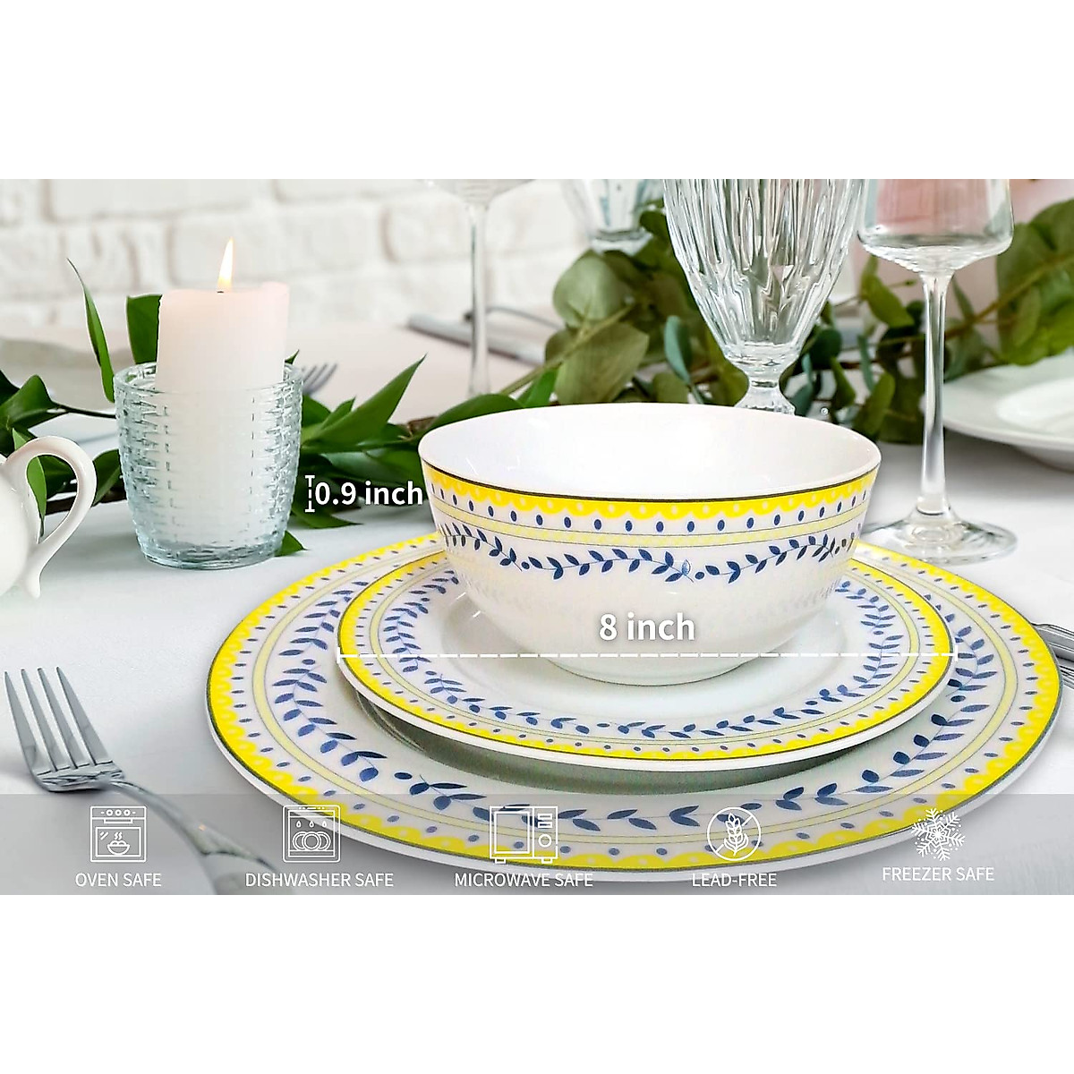 Braque Ceramic Lunch Salad Plates Set of 6, 8 inch Dish Set-Dessert, Appetizer, Pasta, Small Dinner Serving Plate-Microwave, Oven & Dishwasher Safe, Scratch Resistant-Kitchen Porcelain Dish-Olive Vine