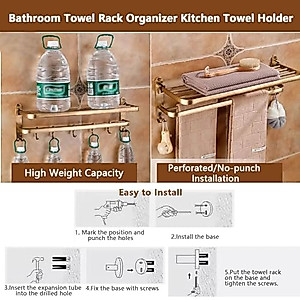 Bathroom Towel Rack Wall Mounted Towel Holder Bar Foldable Towel Shelf with Movable Towel Hooks Rustproof Aluminium Bath Kitchen Towel Holder Brushed Bronze Finish Towel Hanger Hardware Accessories (