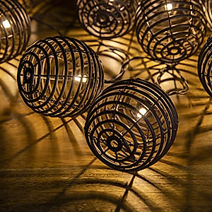ALL FORTUNE Outdoor Solar Decorative String Lights, 10 LED Warm White Patio Umbrella Lights with Brown Wire Plastic Rattan Balls, for Patio Porch Gazebo Yard Garden Backyard Decor