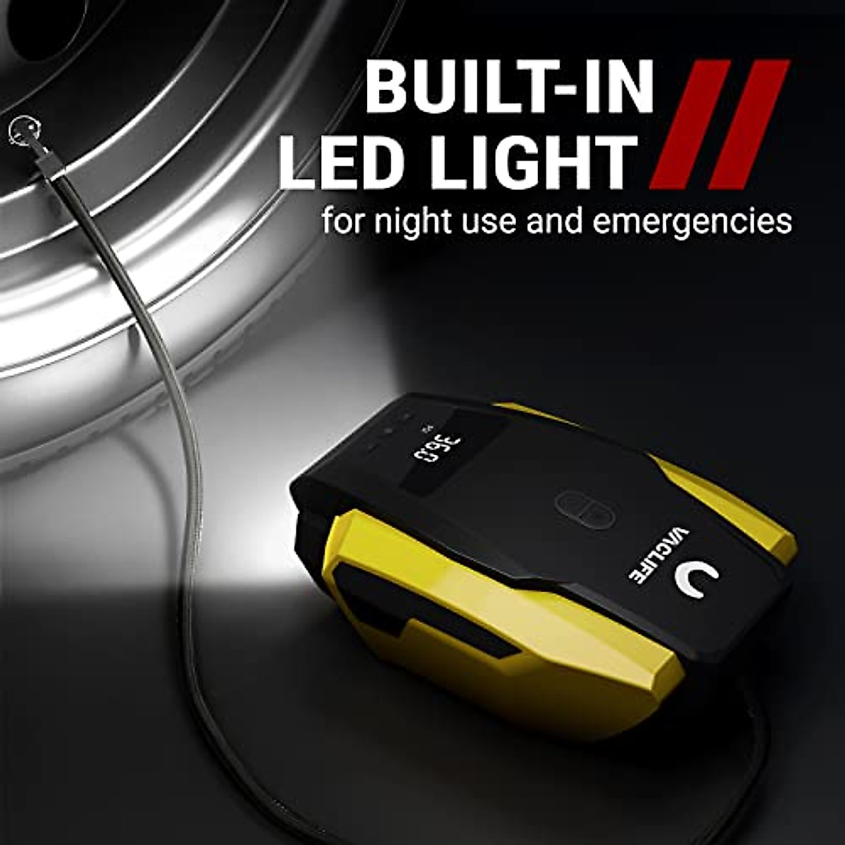 VacLife Tire Inflator Portable Air Compressor - Air Pump for Car Tires (up to 50 PSI), 12V DC Tire Pump for Bikes (up to 150 PSI) w/ LED Light, Digital Pressure Gauge, Model: ATJ-1166, Yellow (VL701)