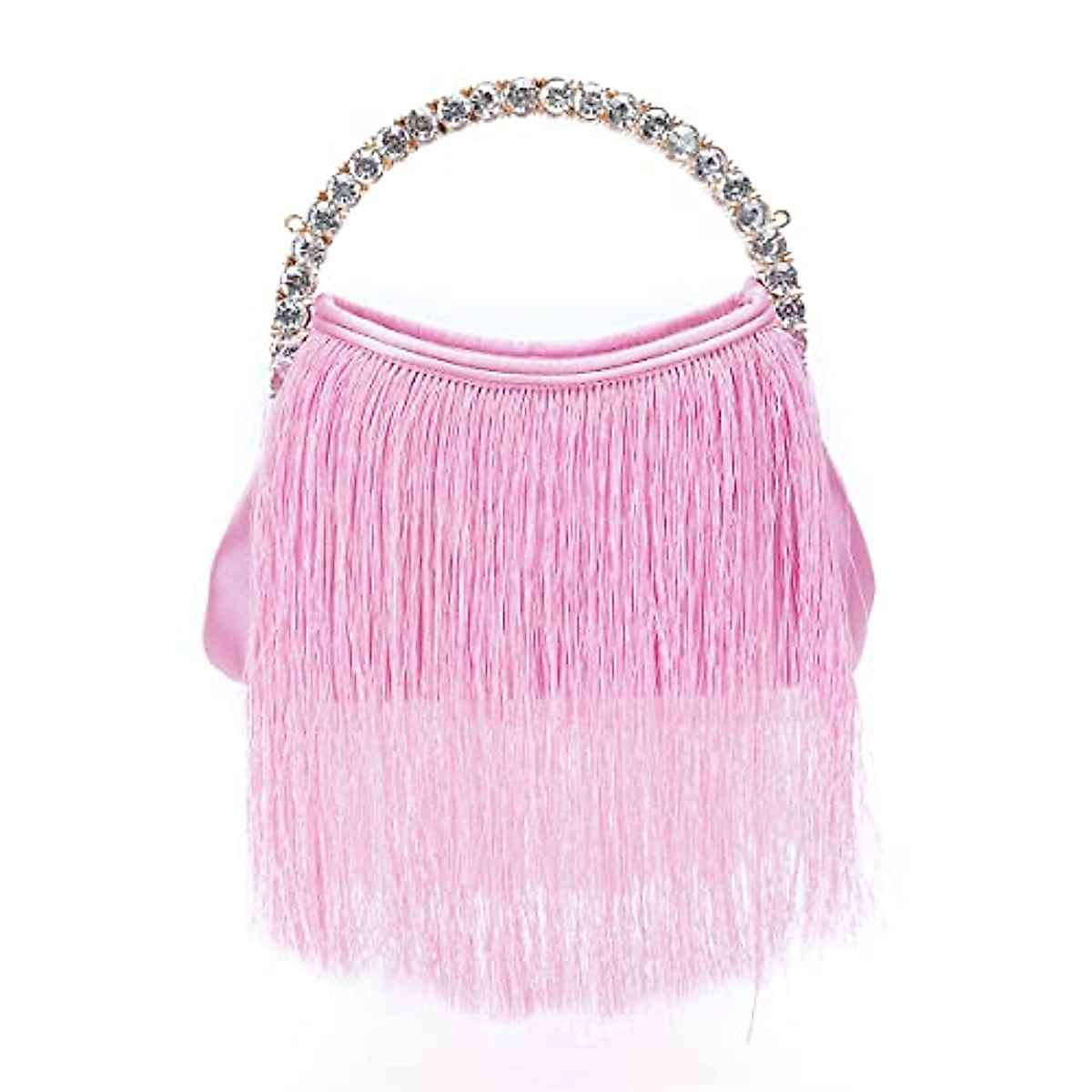 Women's Crystal Tassel Evening Clutch Purse Rhinestone Top Handle Satin Dressy Evening Party Handbags Pink