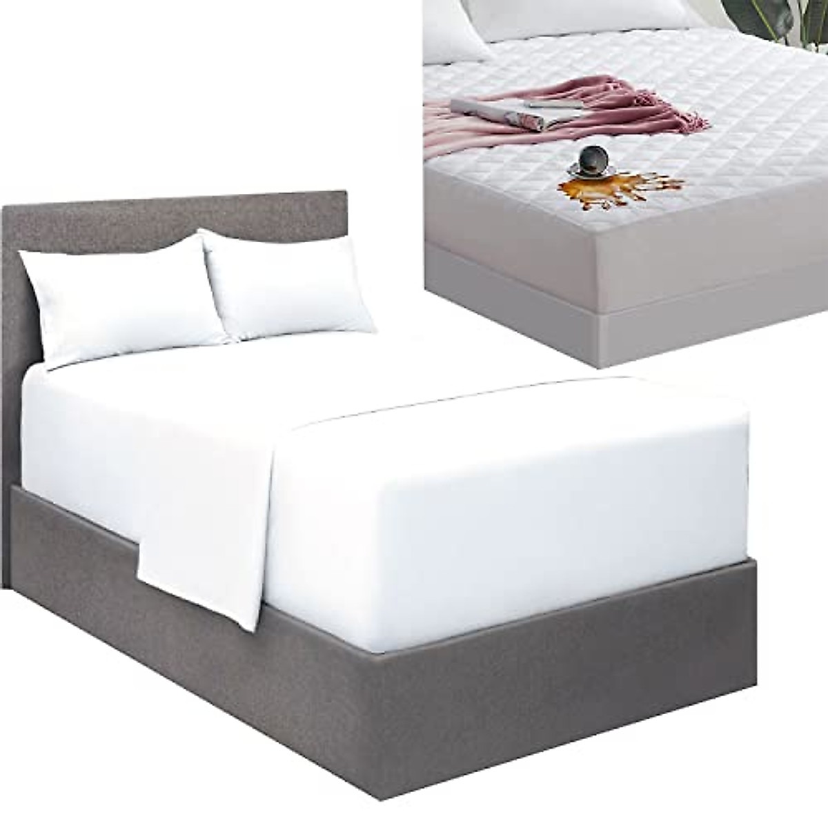 Mellanni Extra Deep Pocket Sheet Set + Waterproof Mattress Pad Bundle&Save - Bundle Includes: 4pcs Extra Deep Pocket Sheets up to 21" and Waterproof Mattress Pad 21" (King, White)