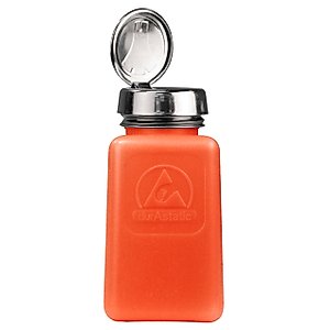 Menda 35270 One Touch Stainless Steel Liquid Dispenser Pump, ESD Safe durAstatic Square Bottle, 6 oz, High Density Polyethylene/Stainless Steel, Orange