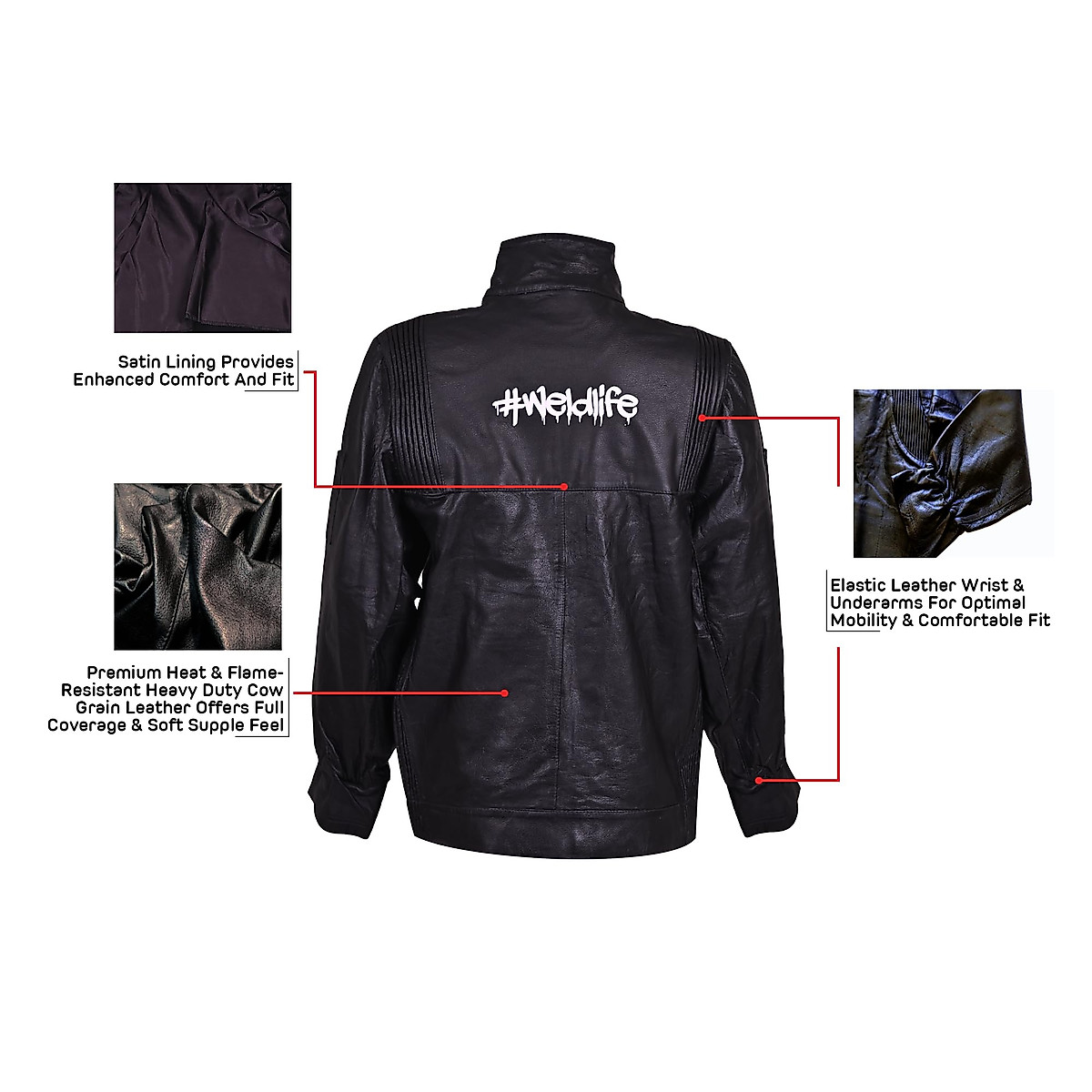 Strongarm Welding Jacket Leather - Flame-Resistant Black Heavy Duty Cow Grain Leather Welders Work Jacket for Men & Women