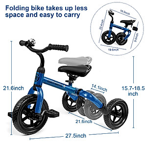 XPIY Tricycle for Toddlers Age 2-5 Years Old, 3 in 1 Folding Toddler Bike for Boys and Girls, Kids' Bike Trike with Detachable Pedal and Adjustable Seat (Blue)