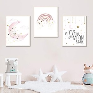 Bfgsrtcbox Pink Star Wall Art Moon Rainbow Pictures and Stars Canvas Decor Cloud Nursery Picture Girl Baby Room Painting 12x16inchx3pcs No Frame