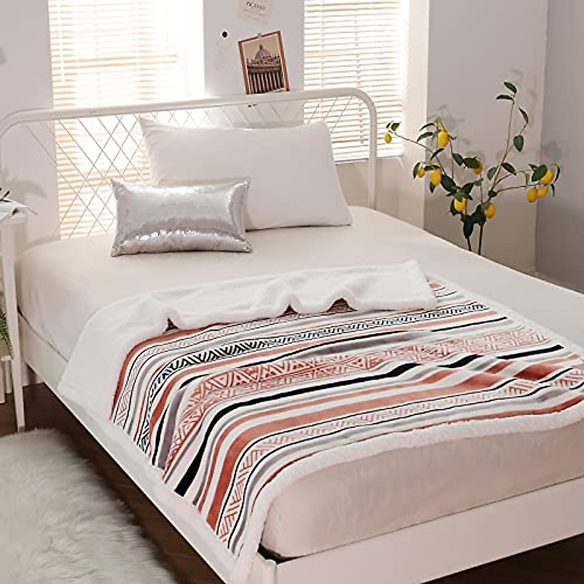 SOCHOW Sherpa Fleece Throw Blanket, Fuzzy Warm Super Soft Reversible Stripe Geometric Pattern Plush Blanket for Bed, Sofa and Couch, 60 x 80 inches, Coral Pink