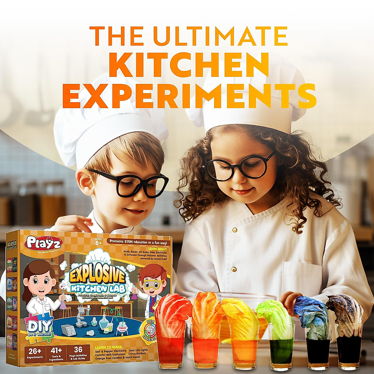 Playz Explosive Kitchen Lab Educational Science Kit for Kids Age 8-12 with 26 Science Experiments to Make Citrus Rockets, Sour LED Lights & More - Chemistry Set Toys for Boys, Girls, Teenagers & Kids