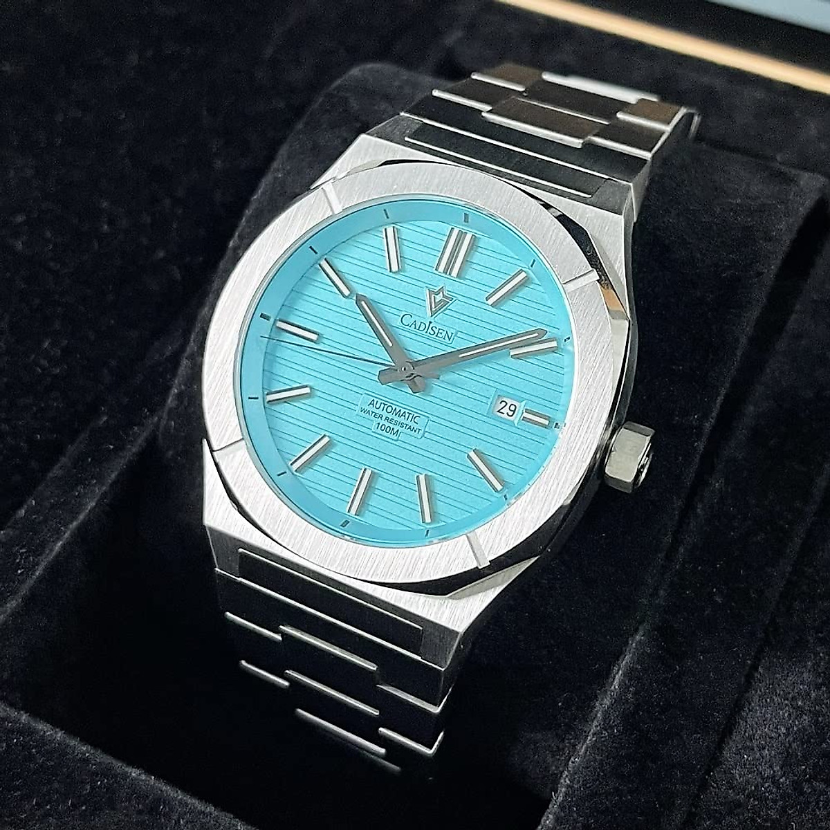 CADISEN Design Men Watches Mechanical Automatic Watch 100M Waterproof Brand Luxury Wristwatch (Light Blue)