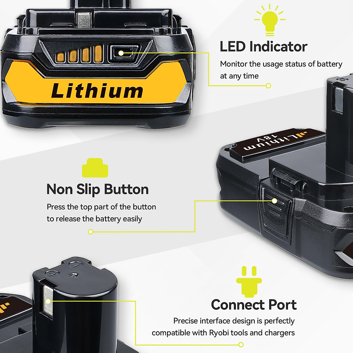 Masione 2Pack 3600mAh P102 Replacement for Ryobi 18V Battery Lithium ion ONE Plus P102 P103 P105 P107 P108 P109 P104 Compatible with Ryobi 18 Volt Cordless Tools Drill Weed Eater Edge Trimmer Battery