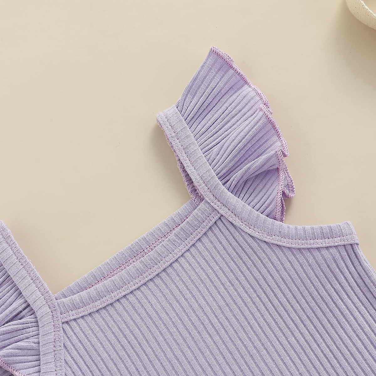 Toddler Baby Girl Summer Short Clothes Ribbed Ruffle Sleeve Tops+Elastic Drawstring Short Pants Two Piece Solid Outfit Set (A-Purple, 12-18 Months)