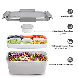 Caperci Large Salad Container for Lunch - Better Adult Bento Lunch Box 68 oz, 5-Compartment Tray, 2pcs 3-oz Sauce Cups, Stackable, BPA-Free (Gray)