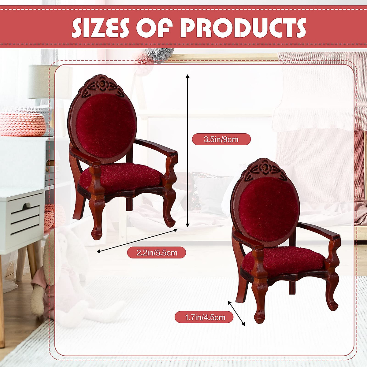 2 Pieces Miniature Dollhouse Chair 1:12 Miniature Victorian Furniture Dollhouse Chair Wooden Carved Single Sofa Chairs Vintage Armchairs