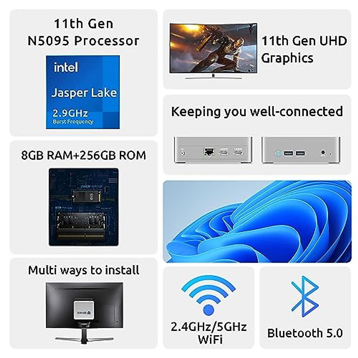 Bmax B3 Mini PC 8GB DDR4 256GB SSD, Intel 11th Gen N5095 Processor (up to 2.9GHz) 4C/4T W11 Pro Mini Desktop Computer, WiFi/BT/HDMIx2 Support 4K Dual Screen Display, Wake On LAN, Auto Power On