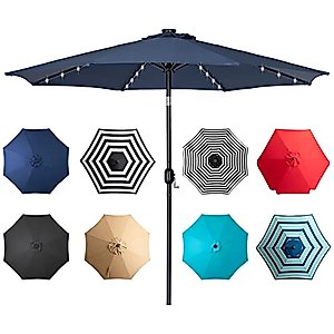 PARANTA 9 Feet Outdoor Patio Umbrella with 40 Solar LED Lights, Button Tilt and Crank, 8 Ribs Patio Umbrella, Navy Blue