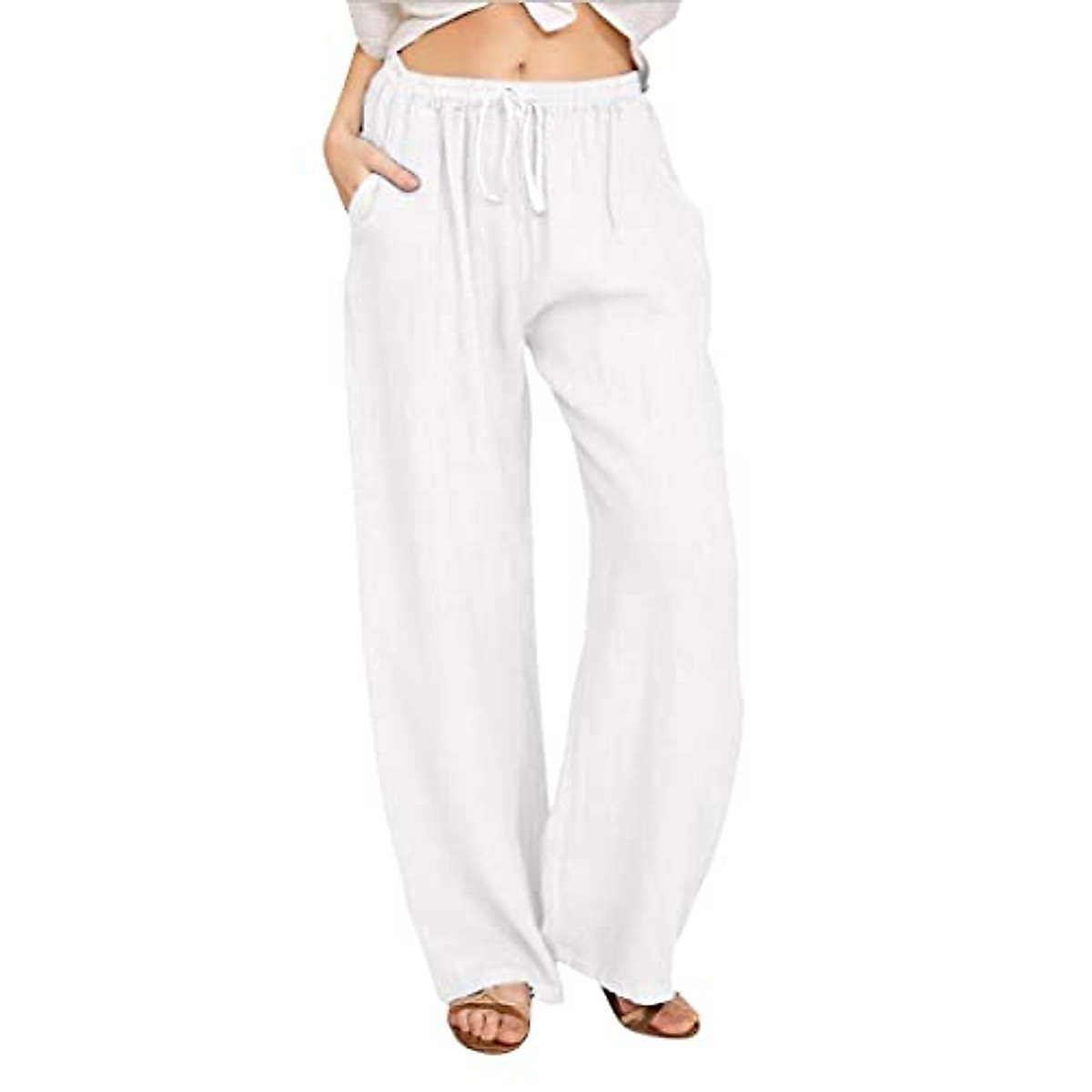 CHARTOU Women's Summer Drawstring Waist Wide Leg Loose Cotton Linen Palazzo Pants (Large, White)