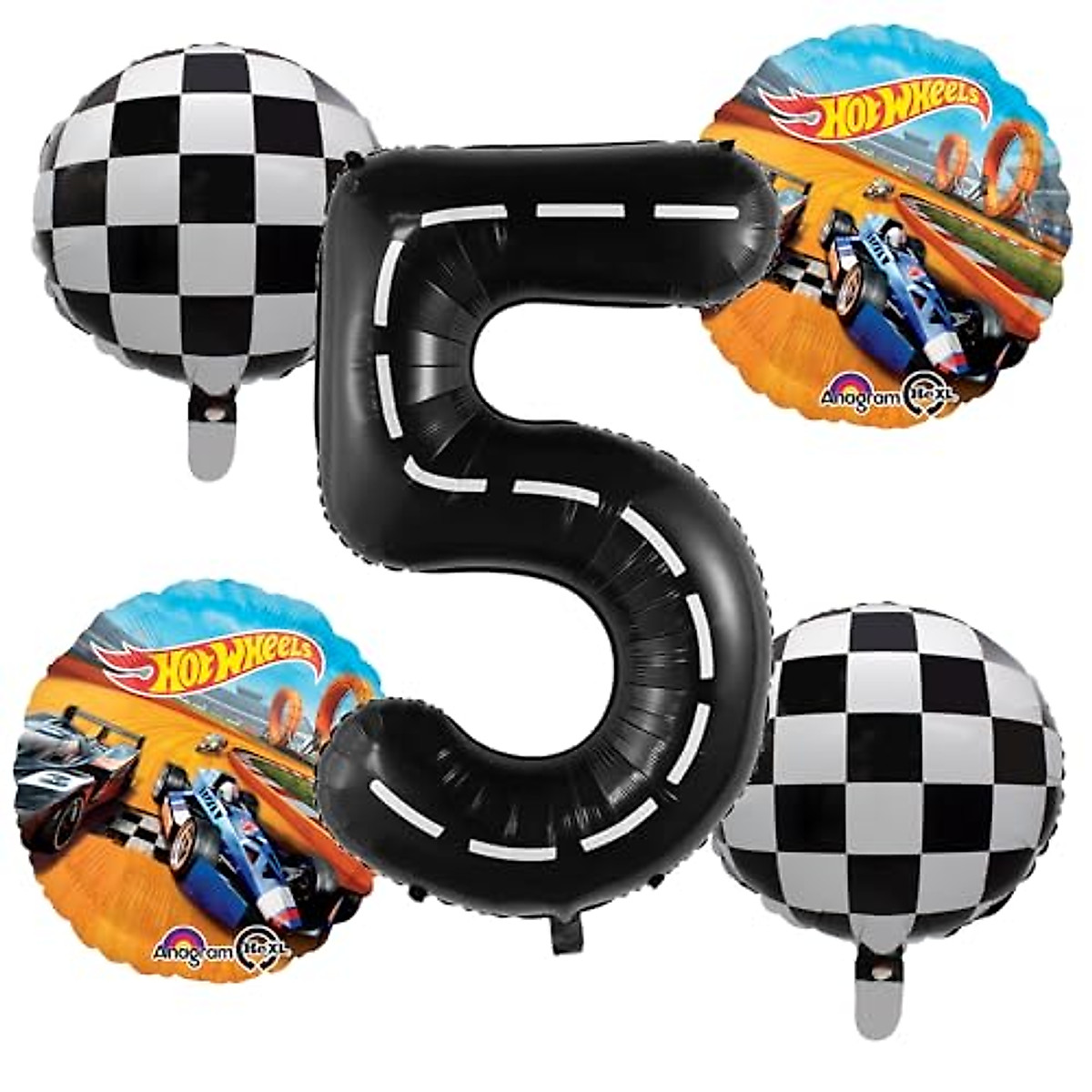 Hot Race Car Wheels Birthday Balloons - Set Of 5 Boys Racecar Party Balloon Decorations For A 5th Happy Birthday Cars Themed Racing Baloon Bouquet Backdrop 5th
