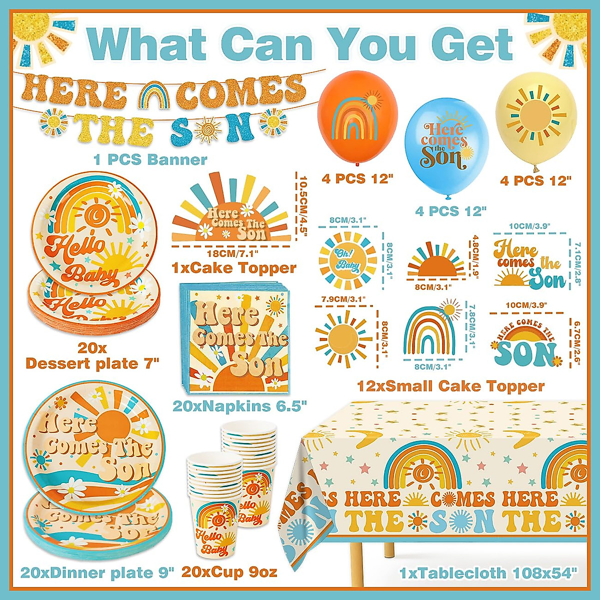 Here Comes The Son Baby Shower Decor Here Comes The Son Baby Showe Plates Napkins Cups Tablecloth Banner Balloons and Cake Topper Sun Retro Boho Sunshine Birthday Party Supplies, Serves 20