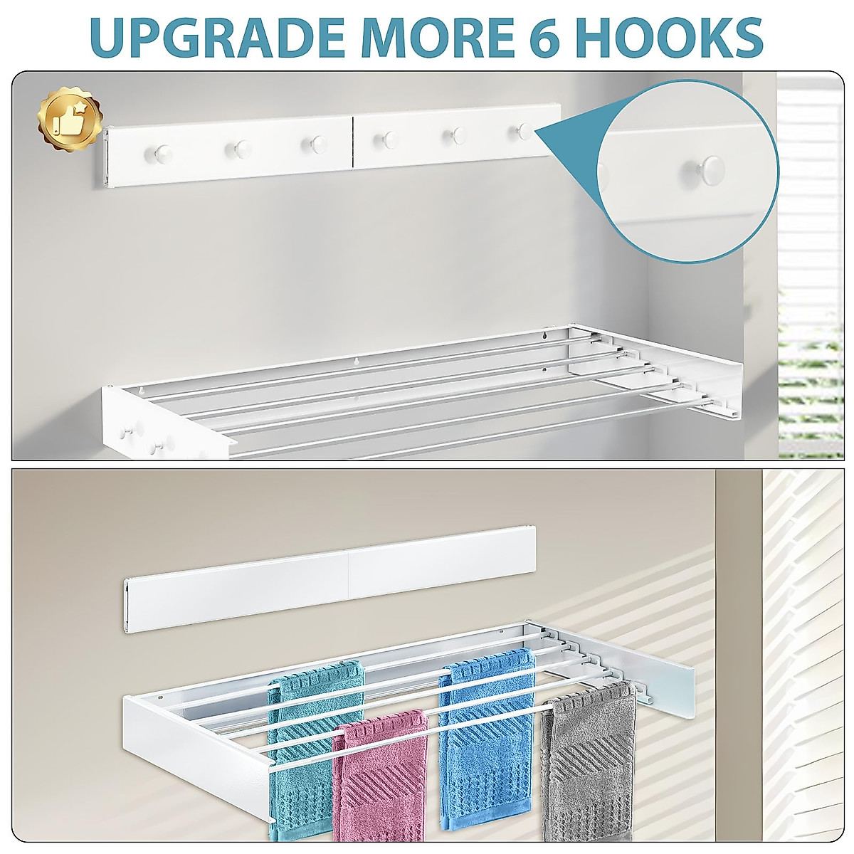 Wall Mounted Drying Rack 31.5", Upgrade 6 Knob Hooks, 5 Aluminum Poles, 40 lb. Load Capacity, Foldable, Retractable, Space Saving Clothes Drying Rack (31.5" White)