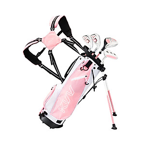 KVV Junior Complete Golf Club Set for Kids/Children Right Hand, 5-7 Years Old 4-Piece Set Includes 4# Hybrid, 7# & 9# Irons, Putter, Head Cover and Portable Golf Stand Bag(Pink 5-7)