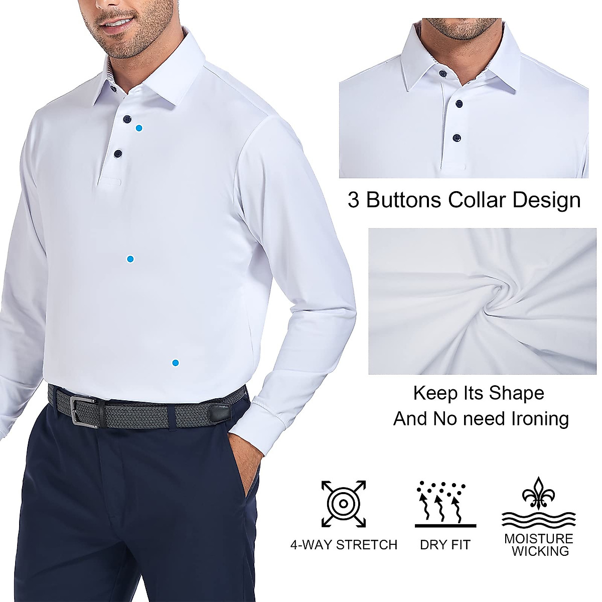 FINGER TEN Men's Golf Shirts Long Sleeve Short Lightweight Dry Fit Moisture Wicking T-Shirts UPF 50 Sun Protection (White, Large)