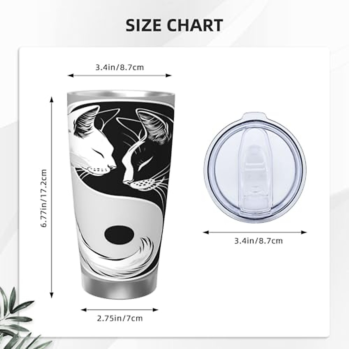 AYCZN Tai Chi Cat 20 OZ Tumbler Stainless Steel Travel Coffee Mug, Black White Cat Insulated Water Bottle with Lid and Straws Leakproof Thermal Cup