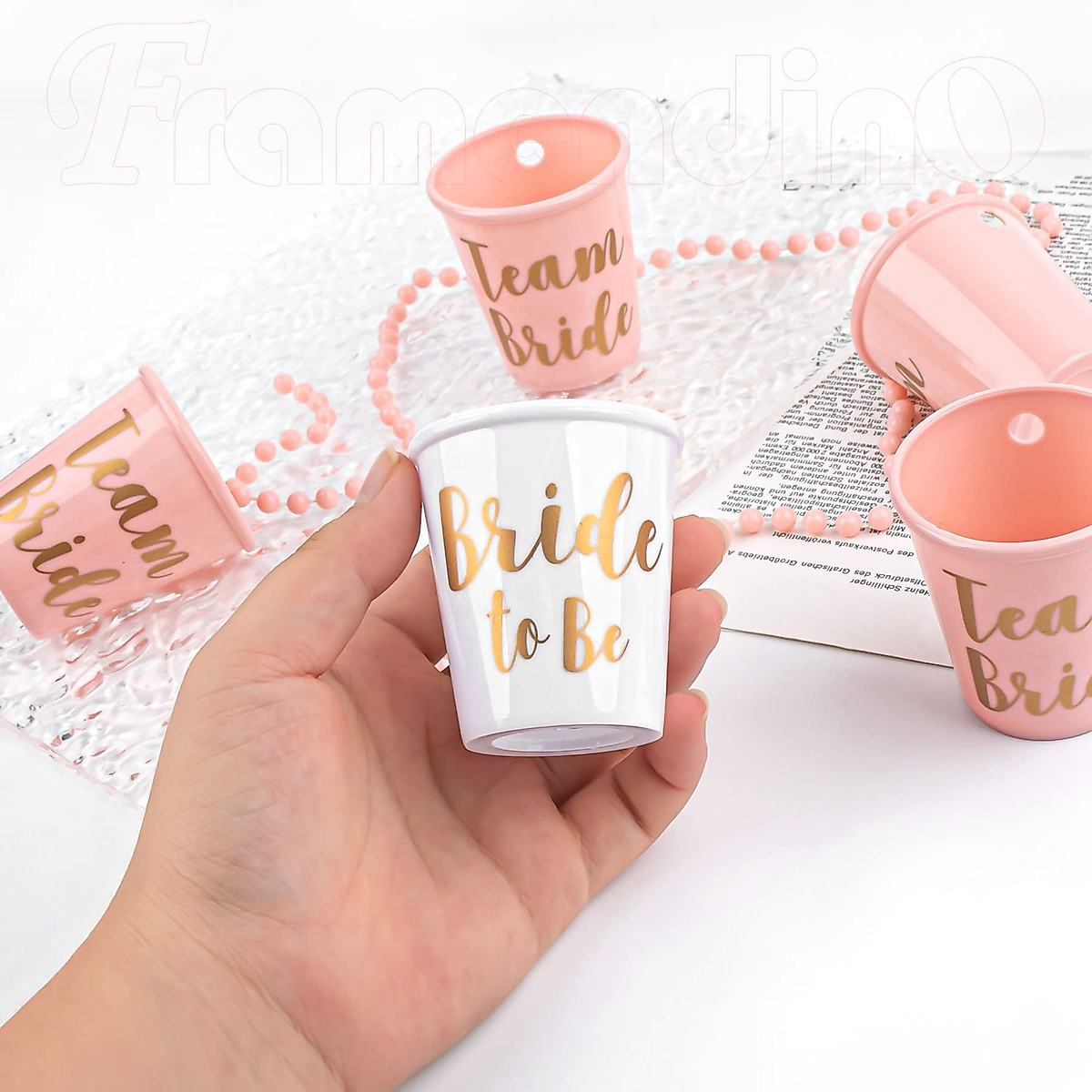 Framendino, 8 Pack Team Bride and Bride to Be Plastic Beaded Shot Glass Necklace Shot Glasses Bridal Necklace with Gold Foil for Bachelorette Party Decorations