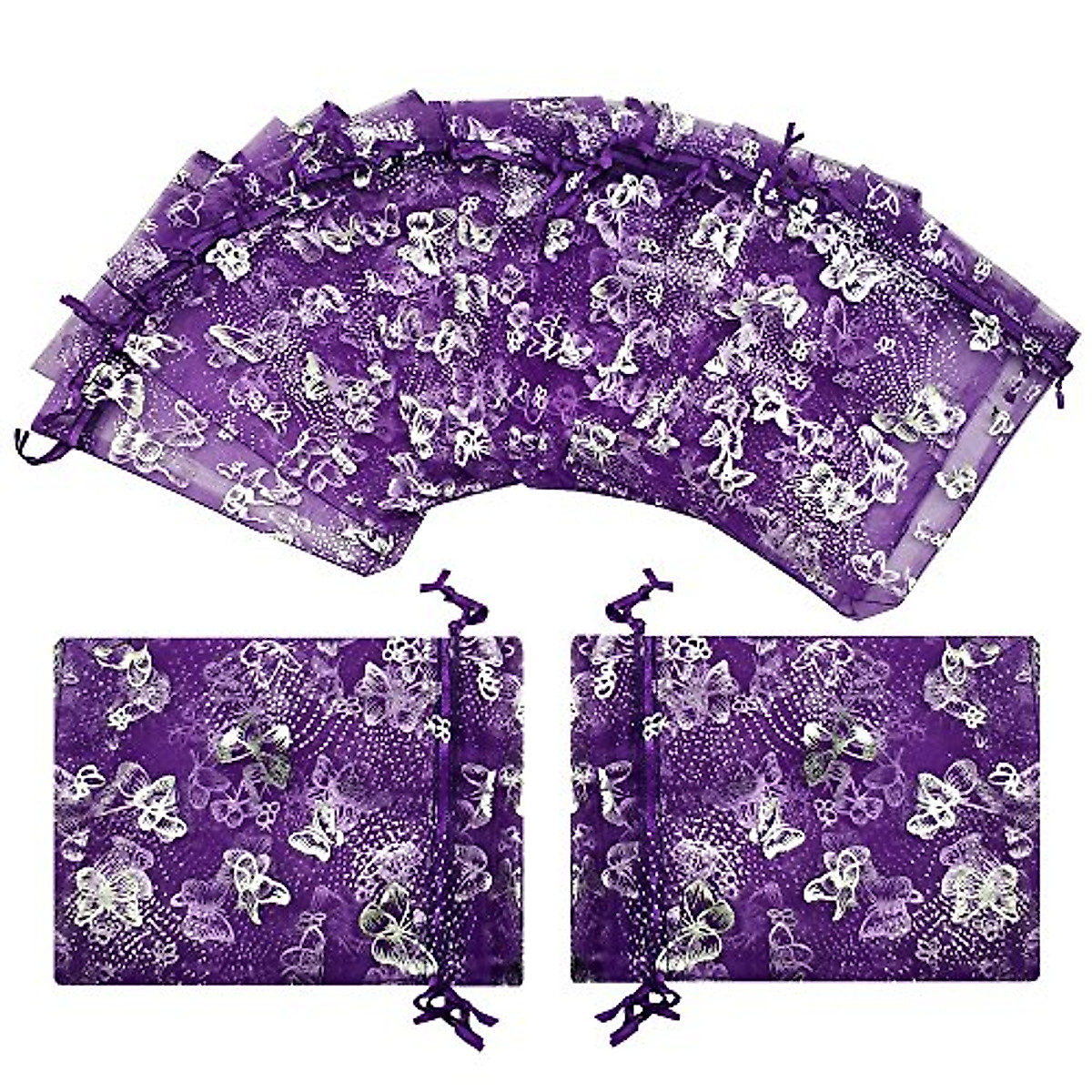 Ankirol 100pcs Sheer Organza Favor Bags Purple Butterfly Print for Wedding Bags Samples Display Drawstring Pouches (5x7)