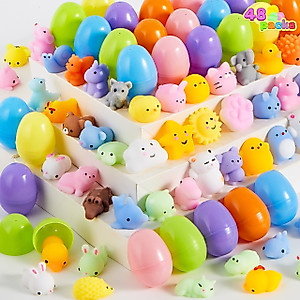 JOYIN 48 Pcs Mochi squishy toy Prefilled Easter Eggs,Cute Animals Mochi Squeeze Stress Relief Toys Kawaii Mini Soft Squeeze Mochi for Easter Party Favors, Easter Egg Hunt, Easter Goodie Bag Fillers
