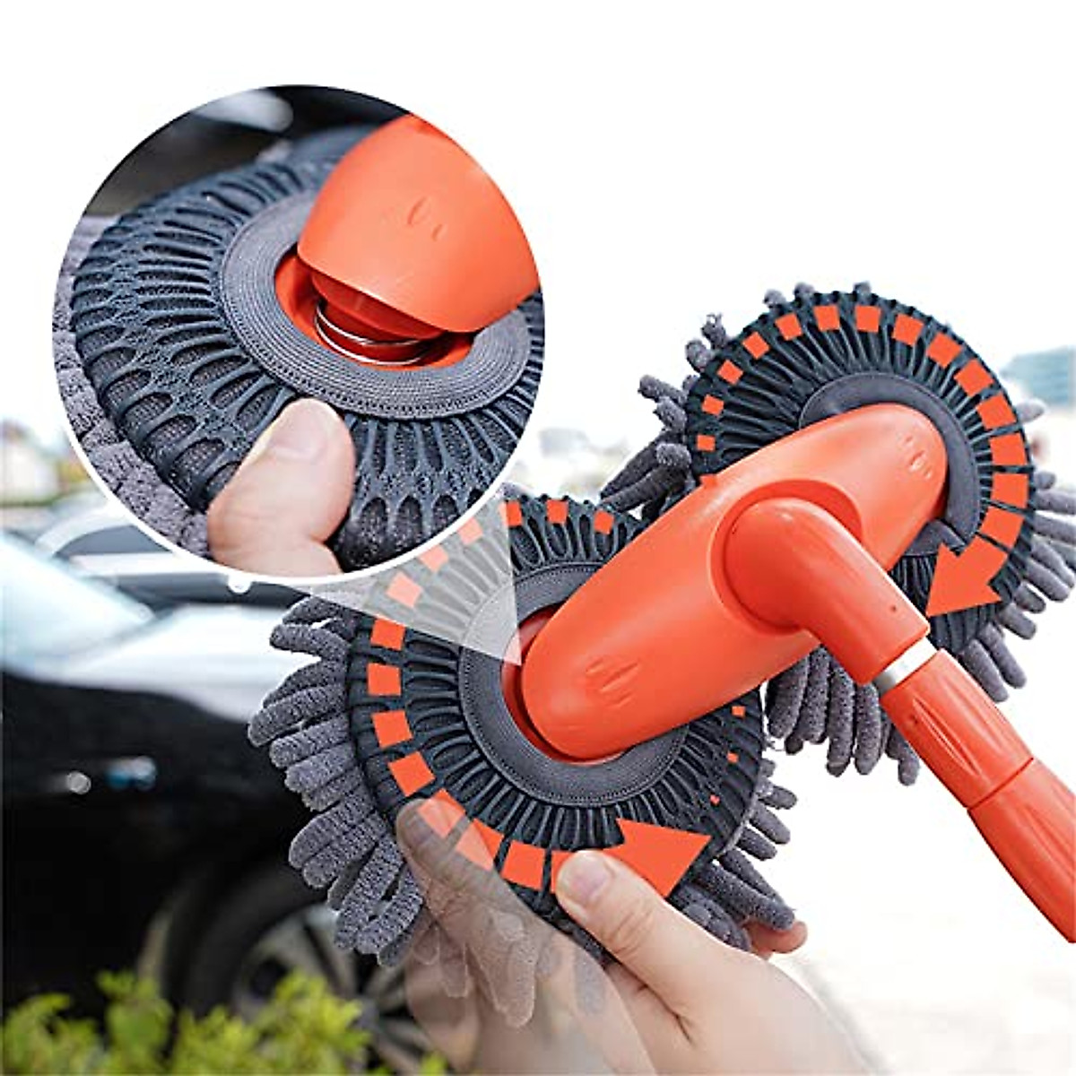 Retractable Double Layer Car Wash Brush, 2022 New Car Wash Brush with Long Handle, Premium Soft Car Wash Mop Scratch-Free Car Wash with 360°Flexible Rotation Microfiber Replacement Head (1 Pcs)