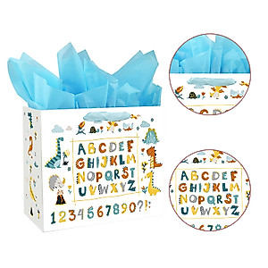 13" Large Dinosaur Baby Boy Gift Bag Baby Shower Birthday Gift Bag with Card and Tissue Papers