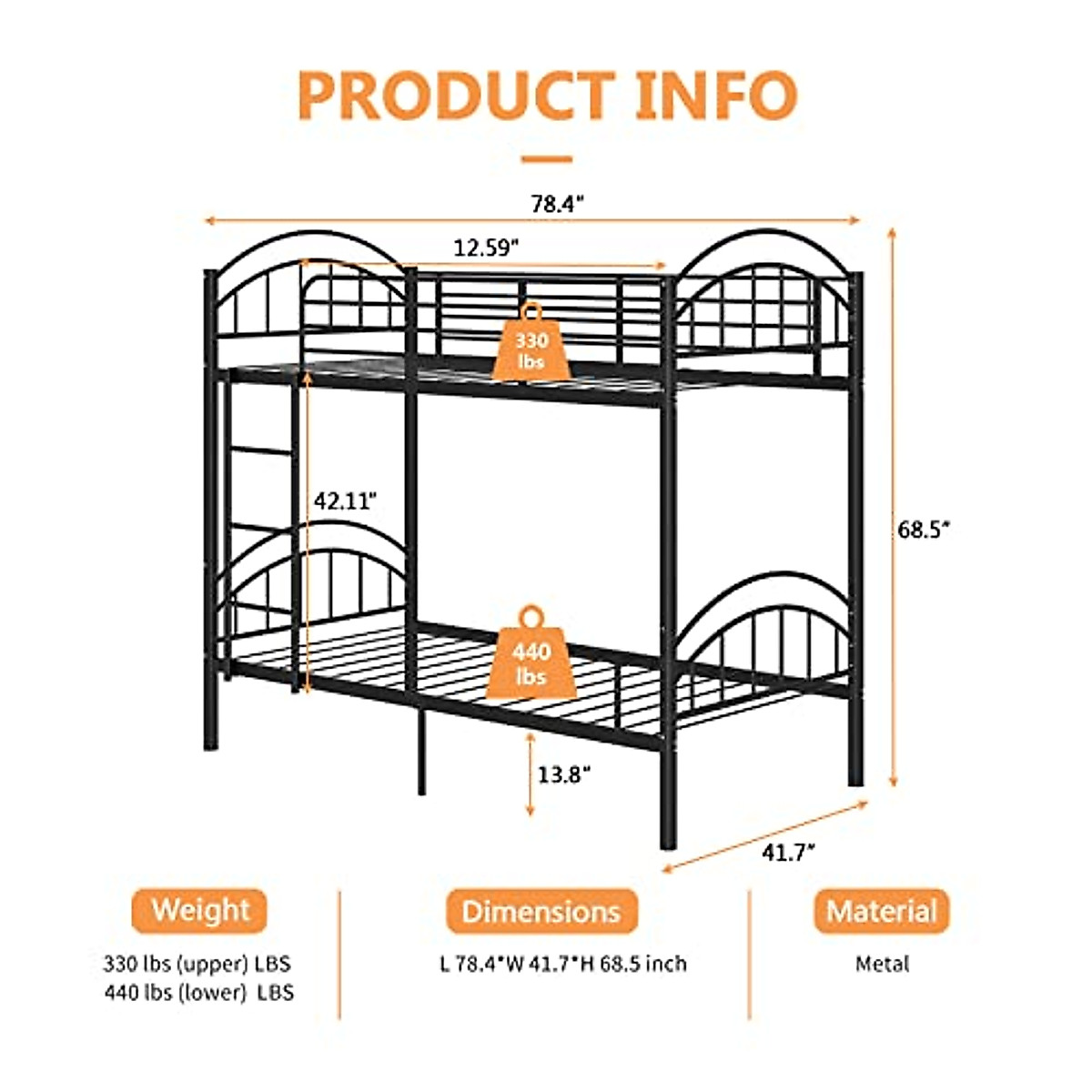 Alohappy Metal Bunk Beds Frame Twin Over Twin, Convertible Into 2 Individual Metal Bed Frame, Removable Ladder & Safety Guard Rail (Black)