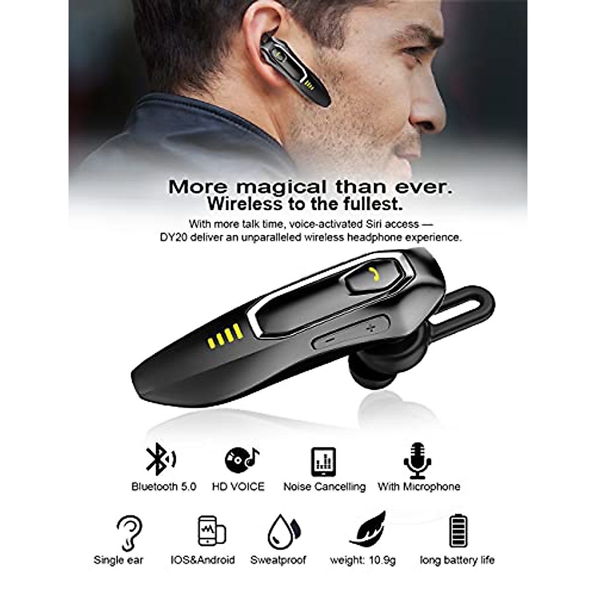 Wireless Bluetooth Earpiece V5.0 for Cell Phone, Powerful Noise Cancelling, Voice Command, Single Ear Bluetooth Headset with Microphone, Handsfree Earpiece for Trucker/Android/iPhone