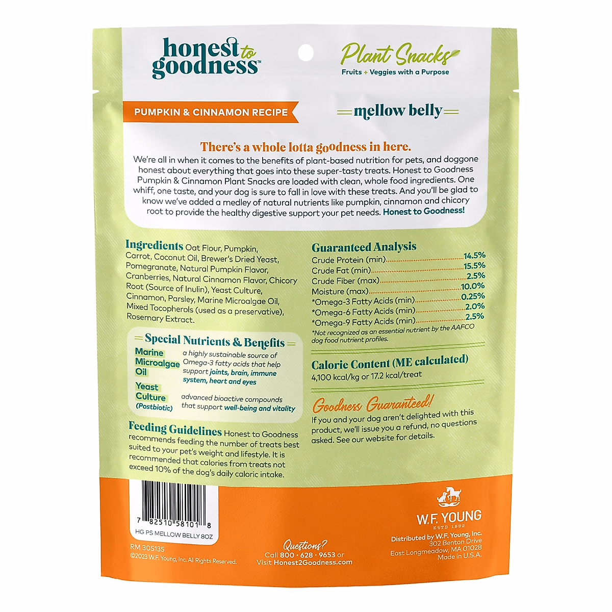 Honest to Goodness Plant Snacks Mellow Belly Pumpkin & Cinnamon Recipe Dog Treats, Enriched with Omega 3s & Postbiotics, 8oz