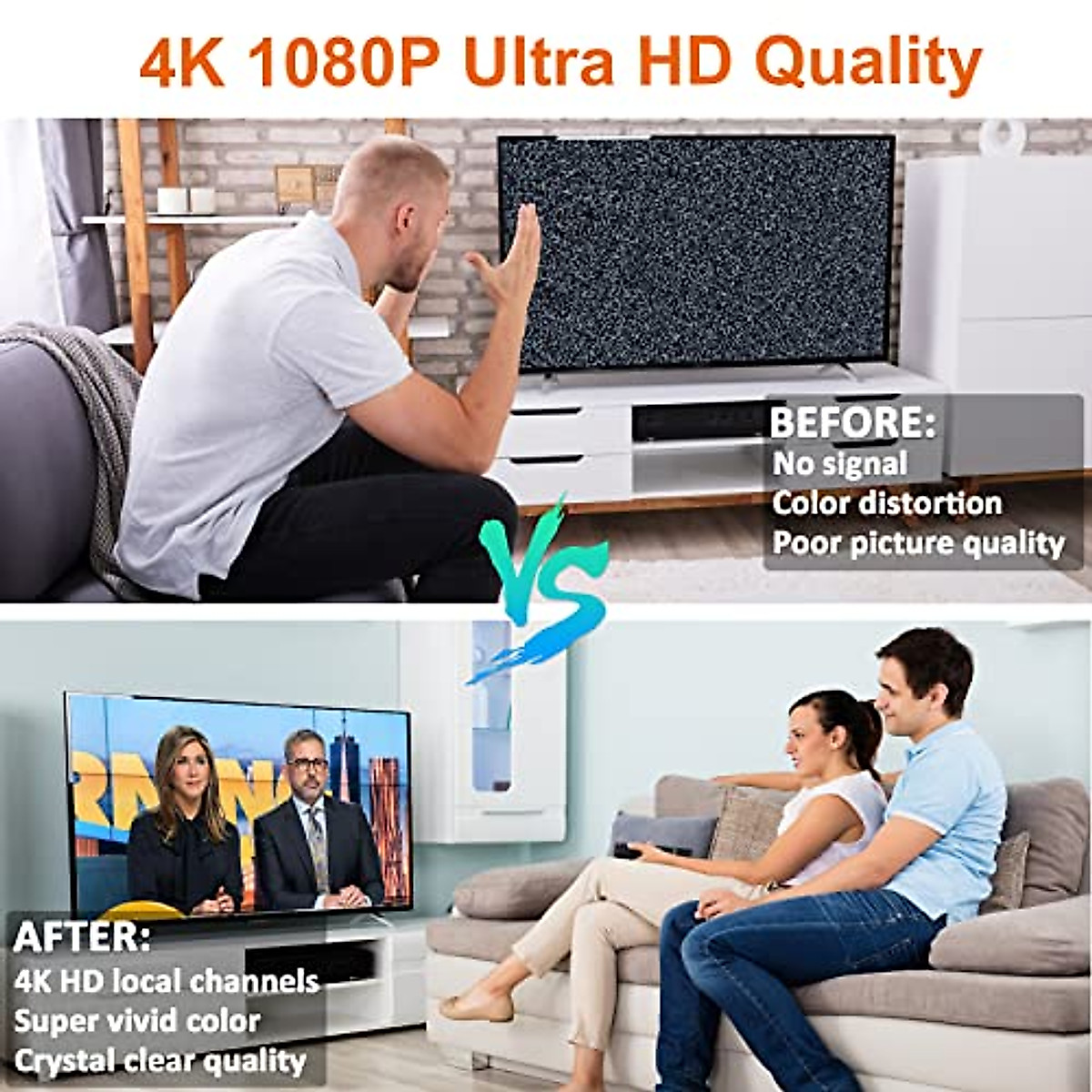 Digital HDTV Antenna Long Range 300 Miles Indoor Amplified Signal Booster Support 4K 1080P UHF VHF FM Local Channels with 13.4ft Coax Cable and USB Power Adapter