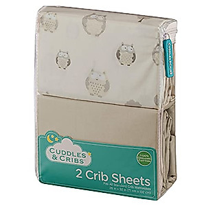 Cuddles & Cribs 2 Pack GOTS Certified Organic Cotton Fitted Crib Sheet - Tan, Owl