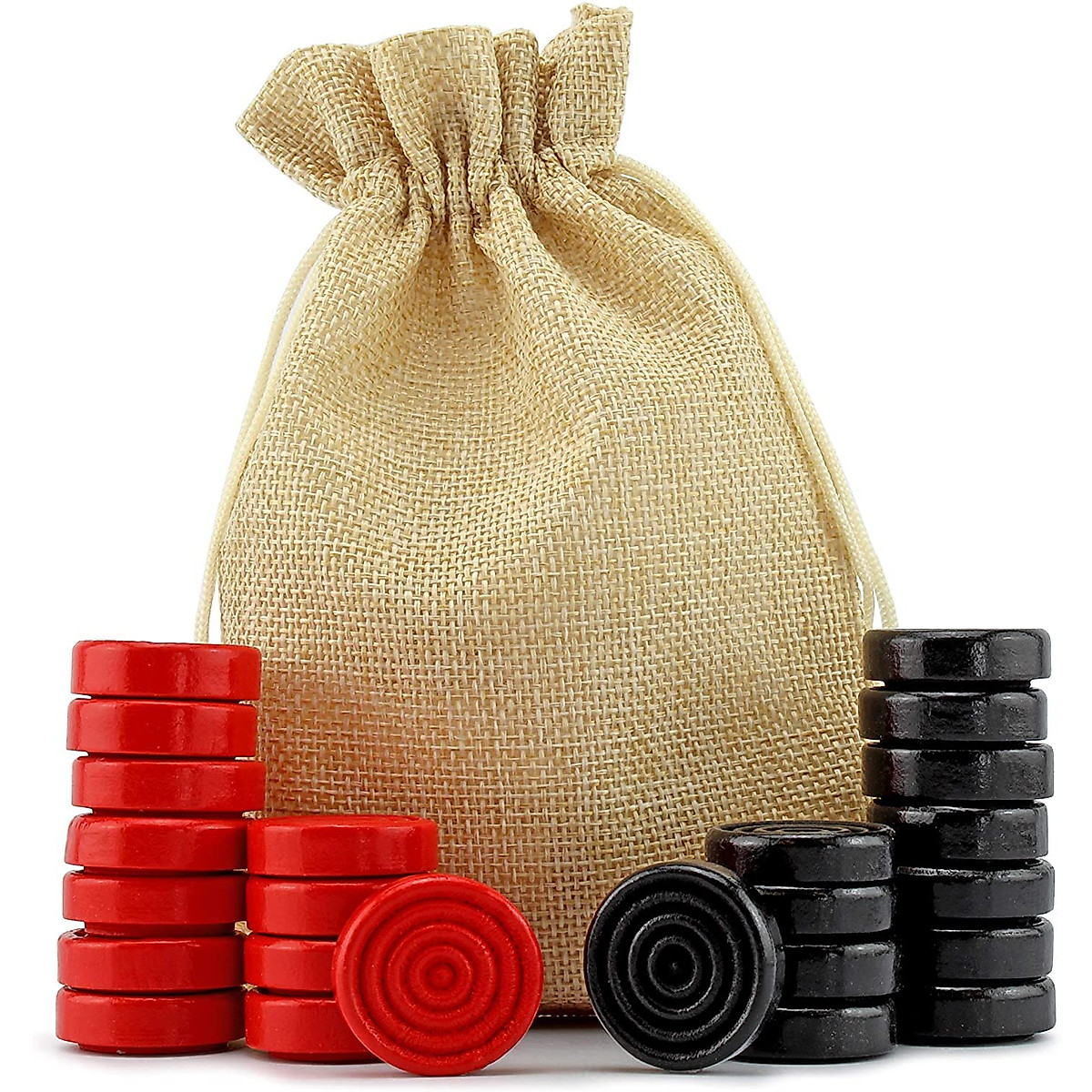 Attatoy Black & Red Carved Stackable Wooden Checkers (24 Pieces); with Drawstring Cloth Storage Bag