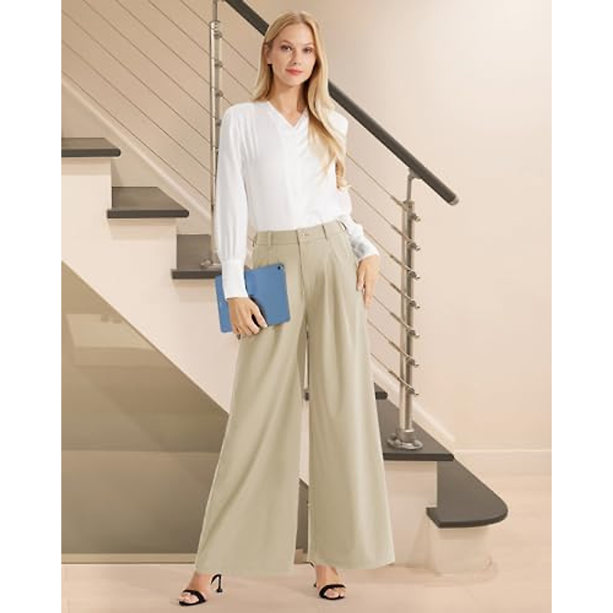 VILIGO Wide Leg Pants for Women High Waist Work Trousers Business Casual Loose Dress Palazzo Flowy Pleated Pants Khaki XL
