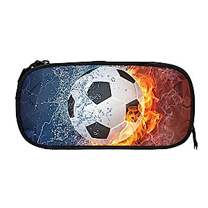 Boys Pencil Case with Soccer Printed, Cool Fire & Water Portable Pen Bag Pouch with Zipper for Teens Stationary Supplies, Small Pencil Box Cosmetic Bag for Sports Girls