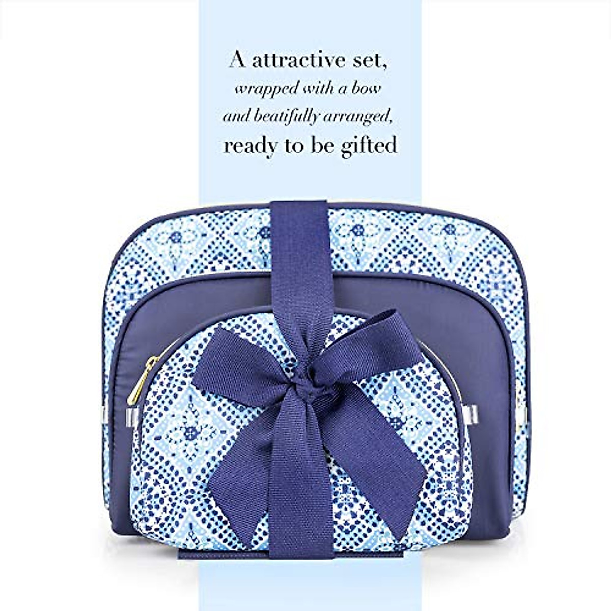 Once Upon a Rose 3 Pc Cosmetic Bag Set, Purse Size Makeup Bag for Women, Toiletry Travel Bag, Makeup Organizer, Cosmetic Bag for Girls Zippered Pouch Set, Large, Medium, Small (Navy & Blue)