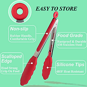 HST 3 Pack Kitchen Tongs, Non Stick Stainless Steel 9 Inch Tongs With Silicone Tip for Cooking BBQ Baking(Red)