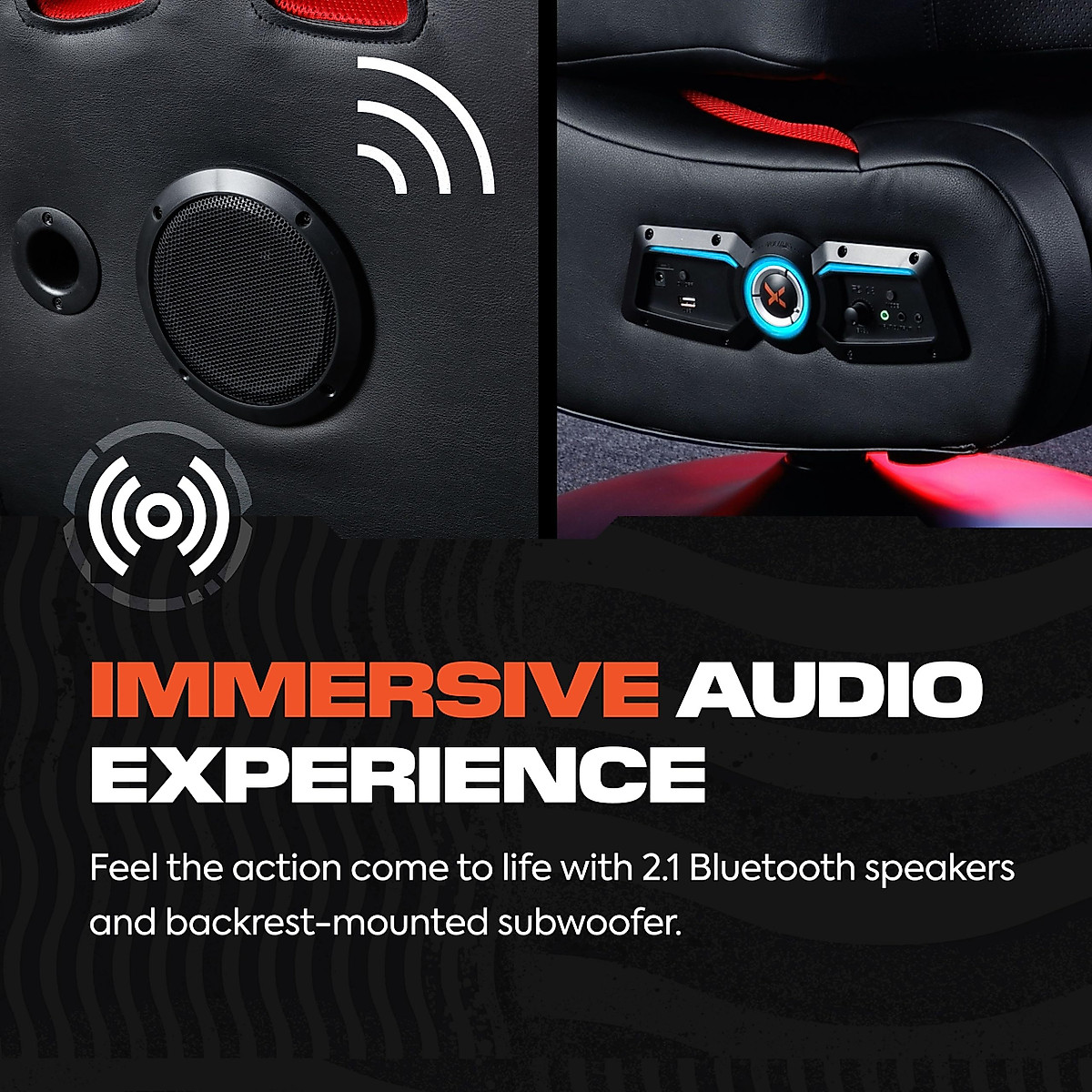 X Rocker Vibe 2.1 Bluetooth Pedestal Gaming Chair, with Wireless Audio, 2 Speakers, Subwoofer, Foldable, Padded Armrest, 5125401, 24" x 42" x 33.2", Black and Red