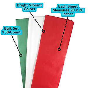 Iconikal Christmas Tissue Paper Assortment, 20 x 20-Inch, 50 of Each Red, White, Green, 150-Count for Gifts, Boxes, Decorations, Bags, Wrapping