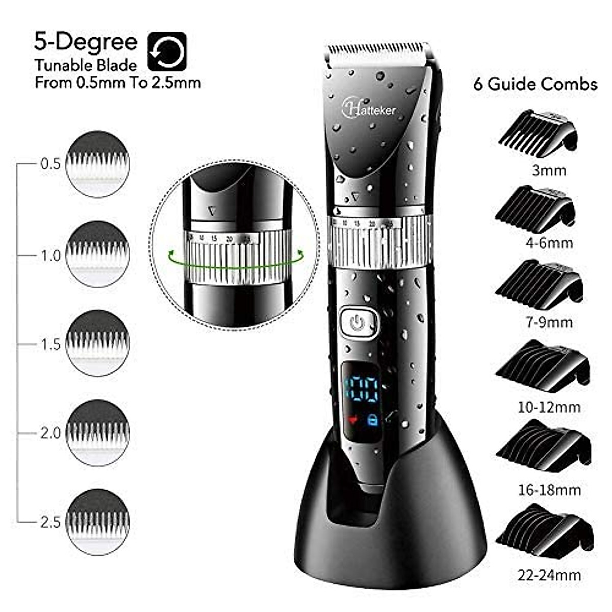 Hatteker Cordless Hair Trimmer Pro Hair Clippers Beard Trimmer for Men Haircut Kit Cordless USB Rechargeable Waterproof