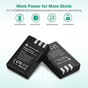 FirstPower EN-EL9 EN EL9a Battery 2-Pack 2000mAh and Dual USB Charger Compatible with Nikon D40, D40x, D60, D3000, D5000 Digital SLR Cameras