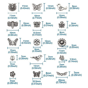 Cheriswelry 150pcs 15styles Tibetan Silver Butterfly Flower Beads Spacer Antique Silver Dragonfly Insect Bird Bee Beads Charms Loose Beads for Women Rosary Jewelry Making Supplies