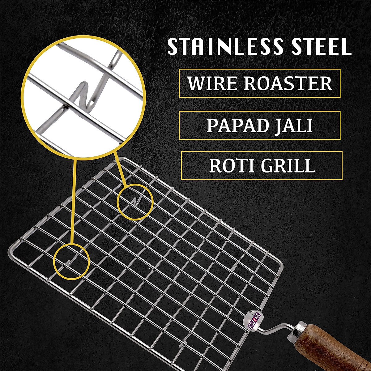 KSJONE Stainless Steel Multi-Functional Wire Steaming Cooling and Baking Barbecue Rack Square Wire Roaster Rack/Papad Jali/Roti Grill Round Shape with Wooden Handle
