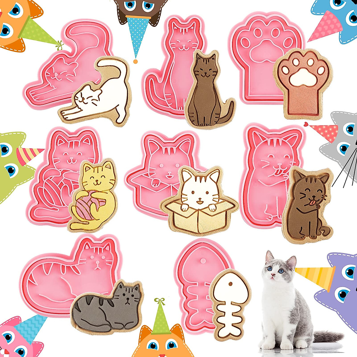 8 Pcs Cat Cookie Cutters with Plunger Stamps Set 3D Cat Paw Shape Biscuit Cutter Funny Cartoon Cookie Stamps Stamped Embossed Cat Cookie Cutters for Treats DIY Cookie Cake Baking Supplies