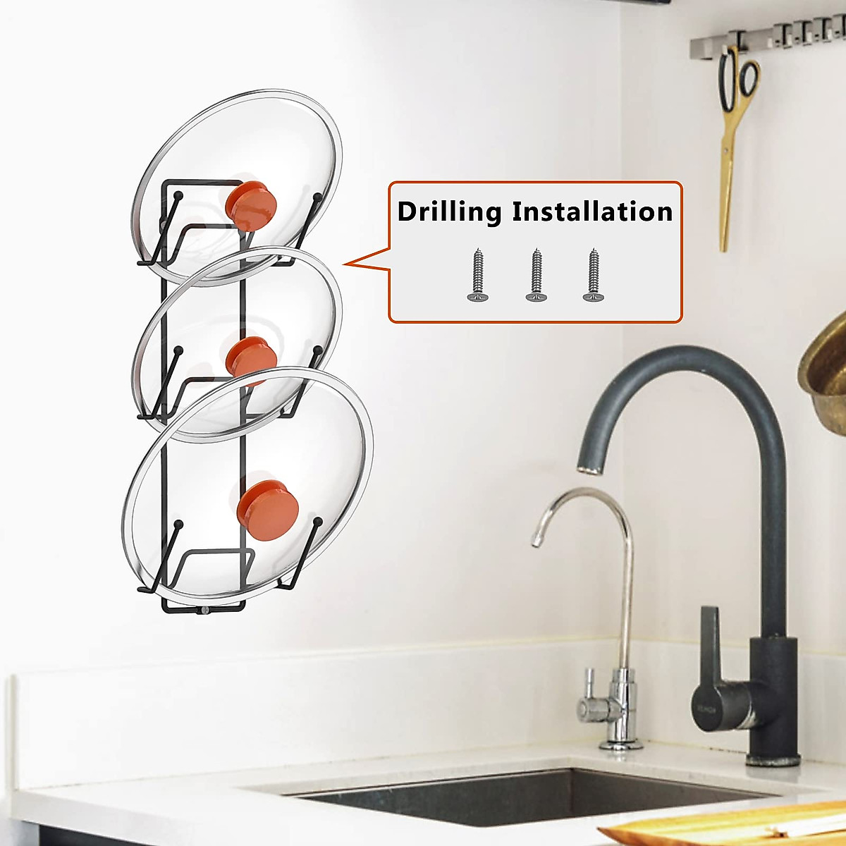 VZINO 2 Pack Pot Lid Organizer Rack for Cabinet Door/Wall, No Drilling Adhesive Wall/Door Mounted Pot and Pan Lid Holder, Metal with Powder Coating, Black